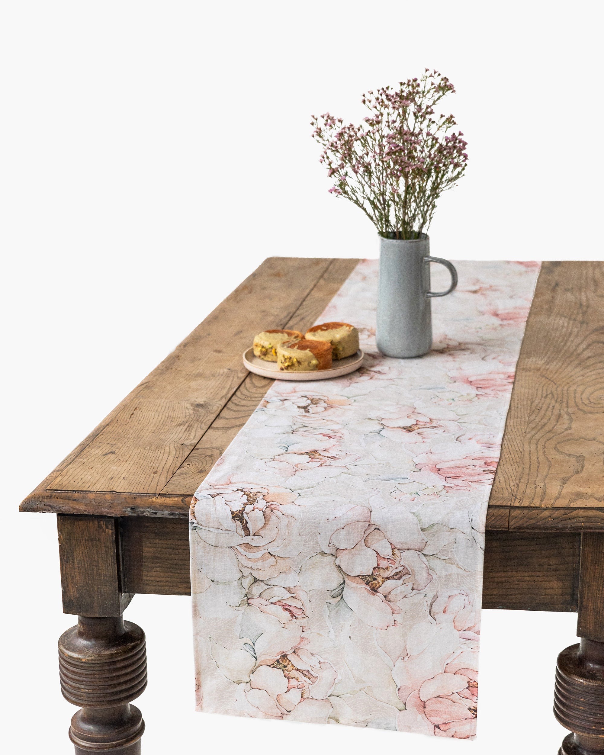 Stone Washed Linen Table Runner in Pastel peonies print | MagicLinen