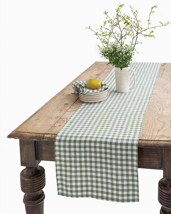 Stone Washed Linen Table Runner in Forest Green Gingham | MagicLinen