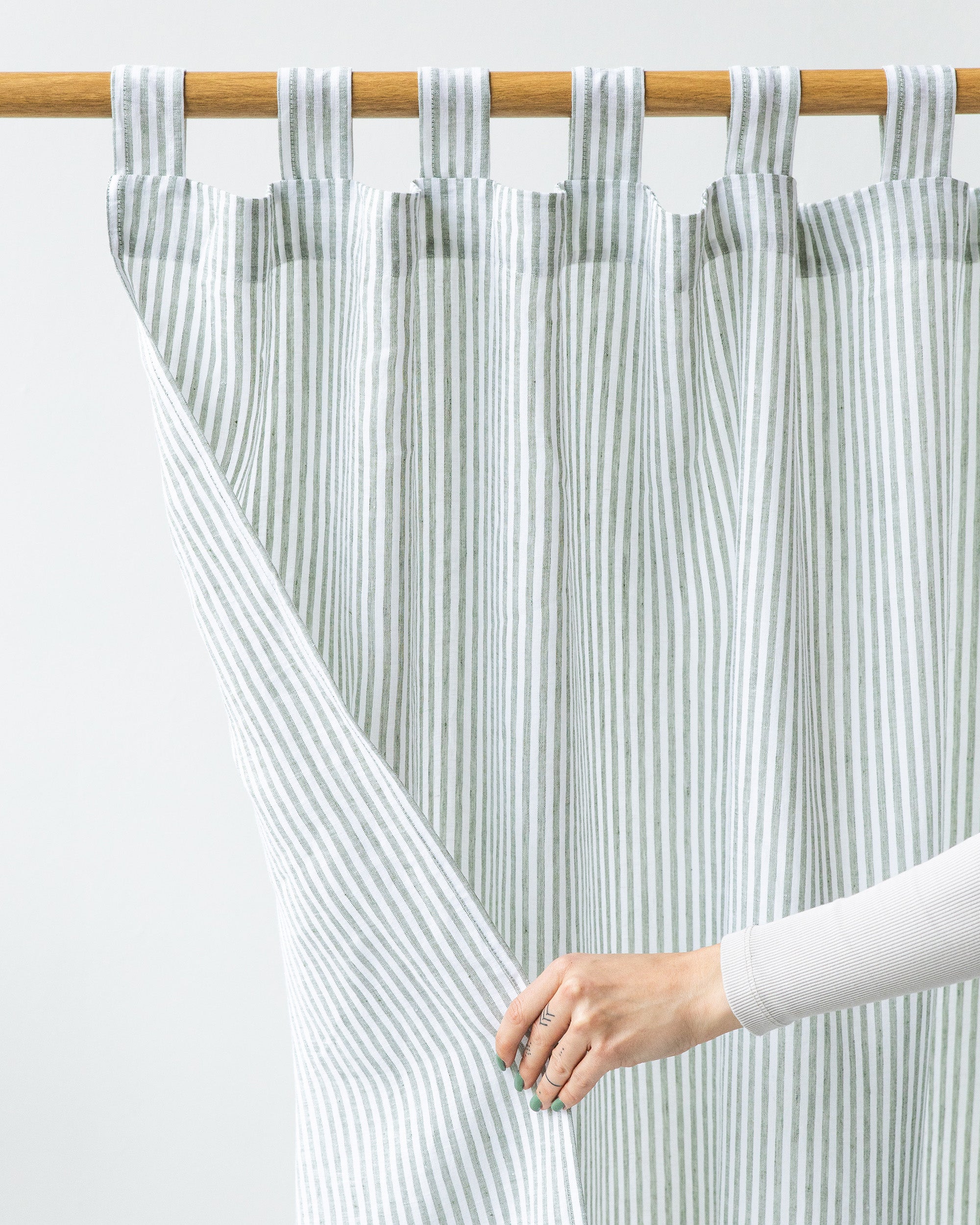 Tab Top Linen Curtain Panel in Striped in Forest Green | MagicLinen