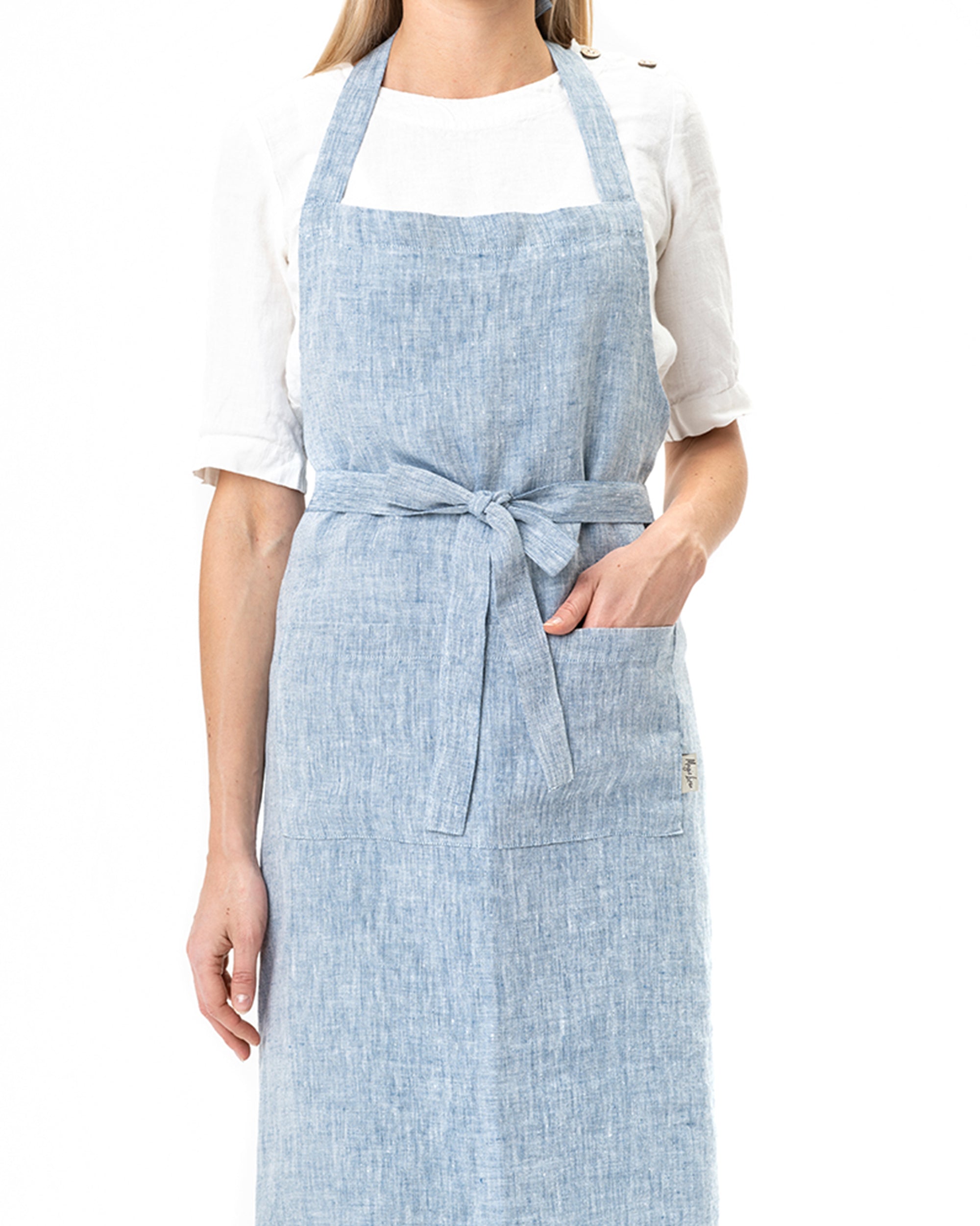 Linen bib apron in Blue melange | MagicLinen
