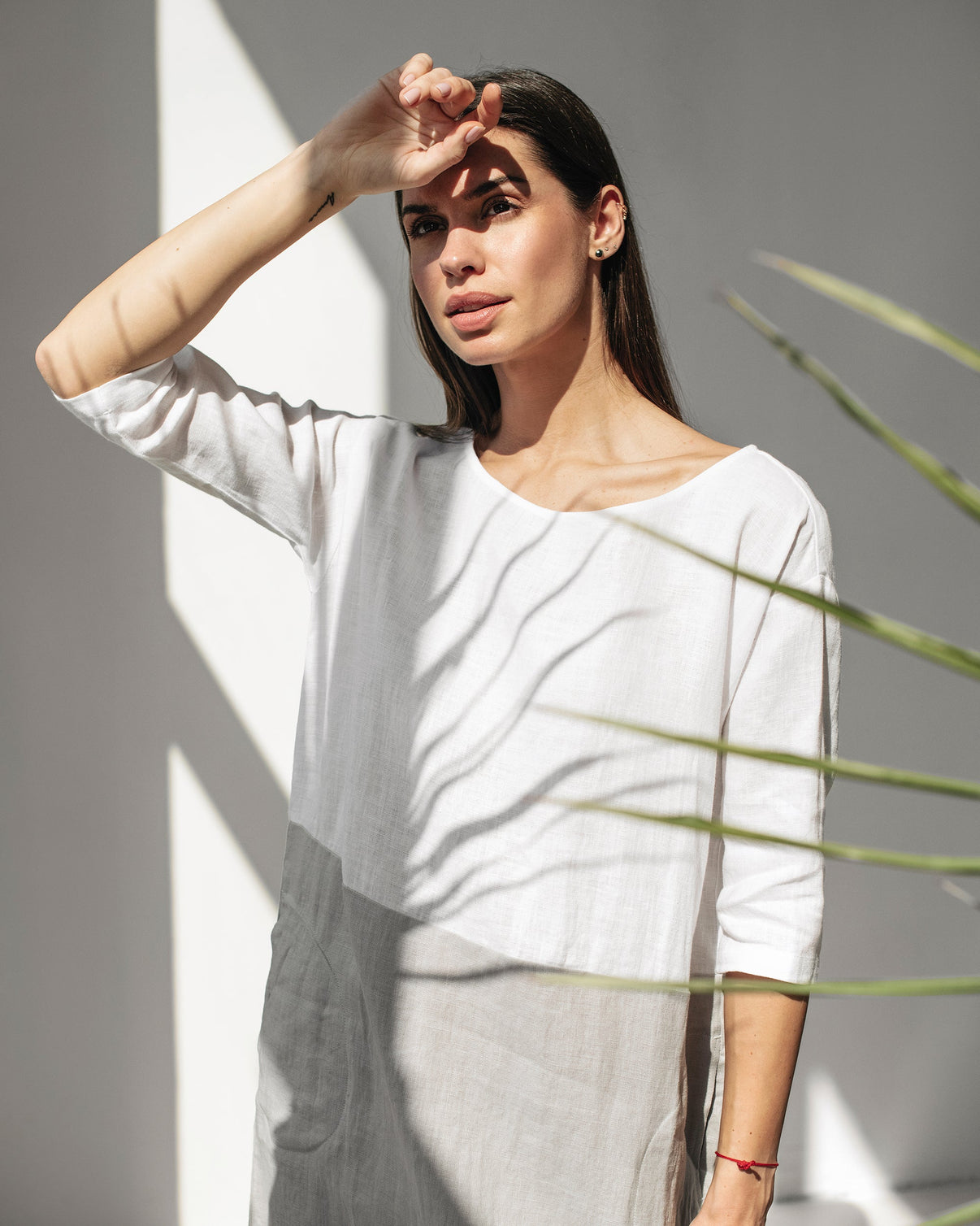 White And Gray Linen Dress Adria in white-gray | MagicLinen