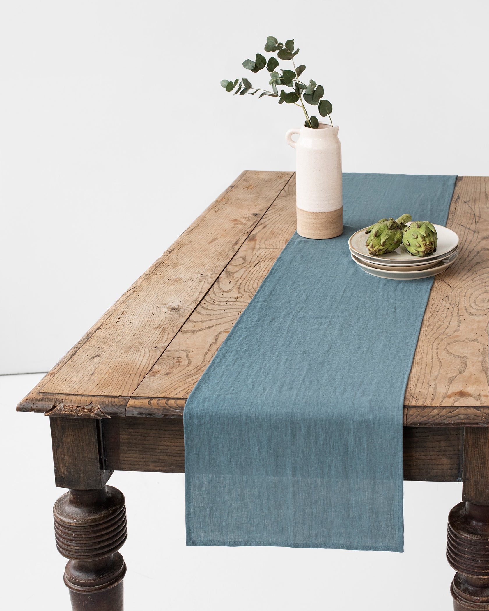 Stone Washed Linen Table Runner in Gray blue | MagicLinen