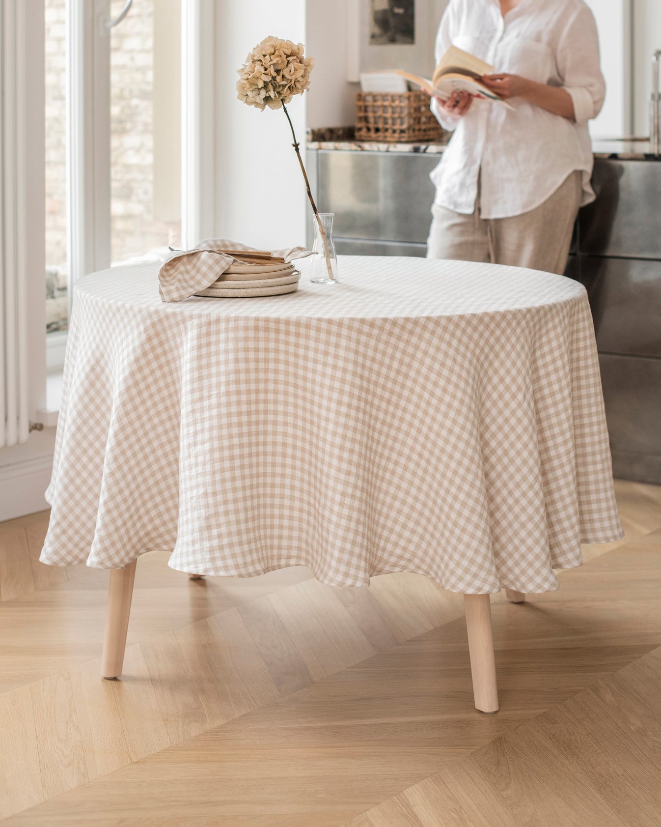 Round Linen Tablecloth in Natural Gingham | MagicLinen