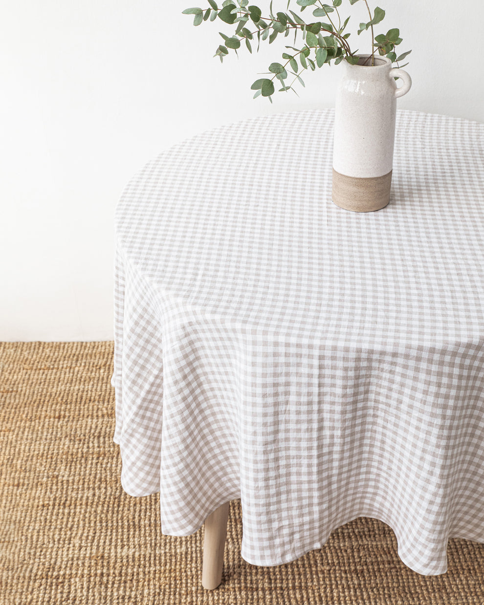 Round Linen Tablecloth in Natural Gingham | MagicLinen